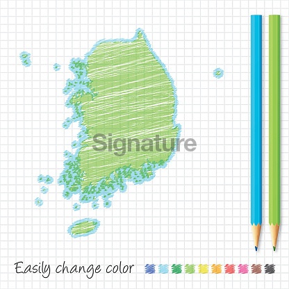 Korea South map sketch with color pencils, on grid paper (523490700 ...