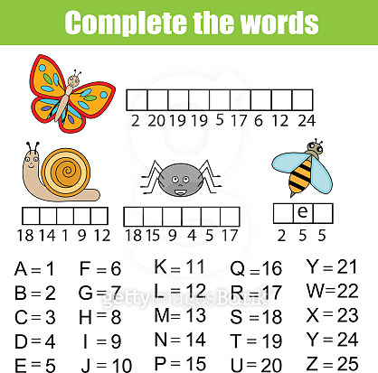 Complete the words children educational game. Insects, animals theme ...