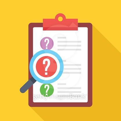 Clipboard with question marks and magnifying glass. Flat vector icon ...
