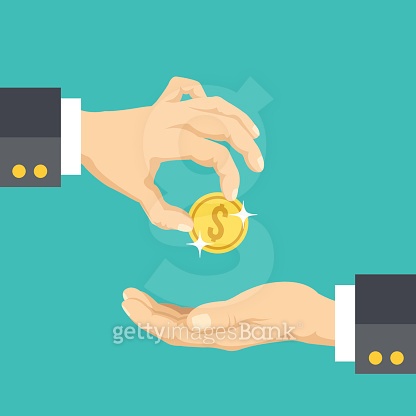 Hand giving gold coin to another hand. Flat vector illustration 이미지 ...