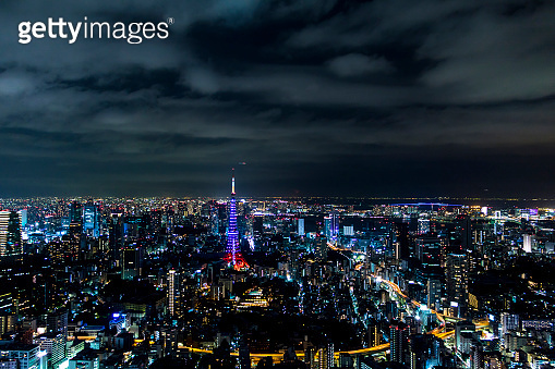 modern cityscape night view, overlook from skyscraper, tokyo, japan ...