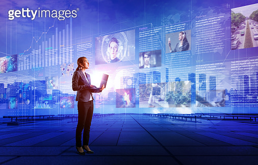 online curation media concept. electronic newspaper. young woman ...