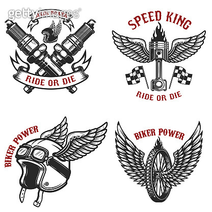 Set of vintage motorcycle emblems on white background. Winged piston ...