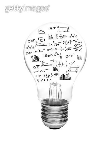idea concept - light bulbs with bright glowing with math formula and ...