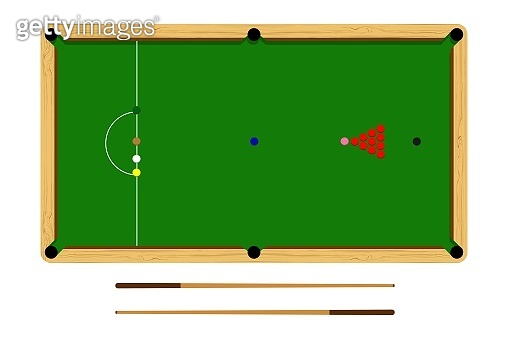 Flat cartoon snooker table, billiard ball set, brown wooden table and ...