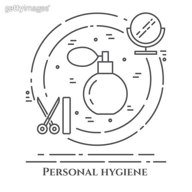Personal hygiene line banner. Set of elements of shower, soap, bathroom ...