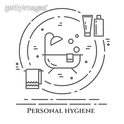 Personal hygiene line banner. Set of elements of shower, soap, bathroom ...