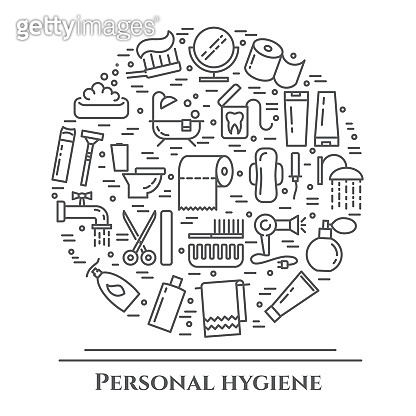 Personal hygiene line banner. Set of elements of shower, soap, bathroom ...