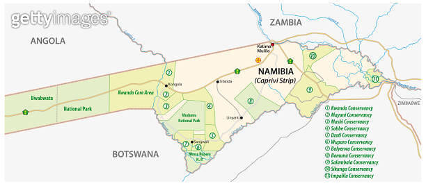 National park and conservancy map of the Caprivi Strip, Namibia 이미지 ...