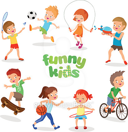 Uniformed happy kids playing sports. Active children vector characters ...