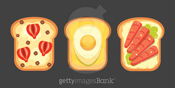 Set toasts and sandwich breakfast. Bread toast with jam, egg, cheese ...