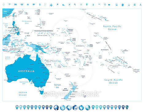 Australia and Oceania detailed political map in colors of blue and ...