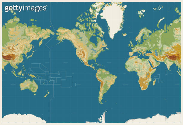 World Map Americas Centered Physical Map. Vintage Colors. No bathymetry ...