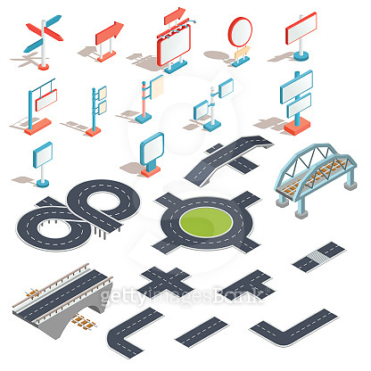 Vector isometric icons of billboards, advertising banners, road signs, direction signs, road ...