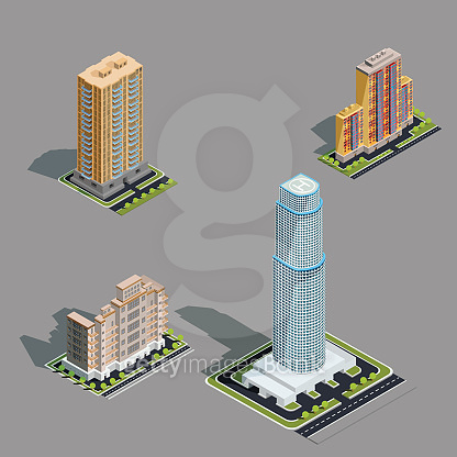 Vector isometric 3D illustrations of modern urban buildings 이미지 ...