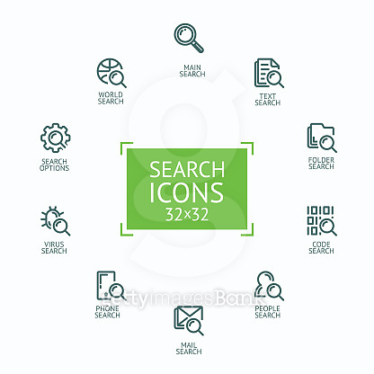 Set of vector illustrations fine line icons of analysis, search of ...