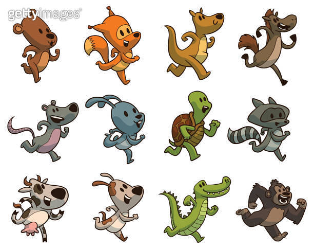 Set of twelve cute running animals, color image 이미지 (889561956) - 게티이미지뱅크