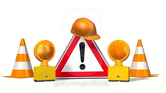Empty Danger sign, construction site sign with pylons safety helmet and ...