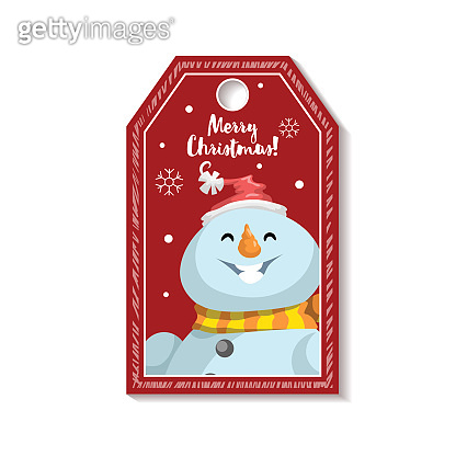 Cartoon red Christmas tag or label with laughing snowmen in Santa's hat ...