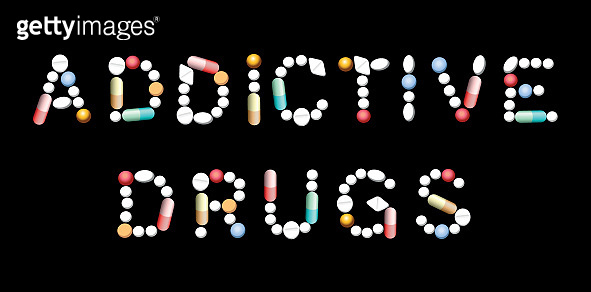 ADDICTIVE DRUGS written with pills, tablets and capsules. Isolated ...