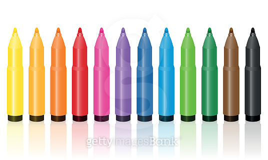 Thick felt tip pens, colorful set, upright standing in a row - isolated ...