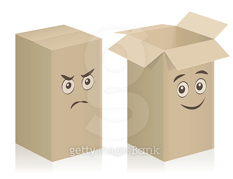 Comic carton boxes with angry and happy face, closed and opened ...