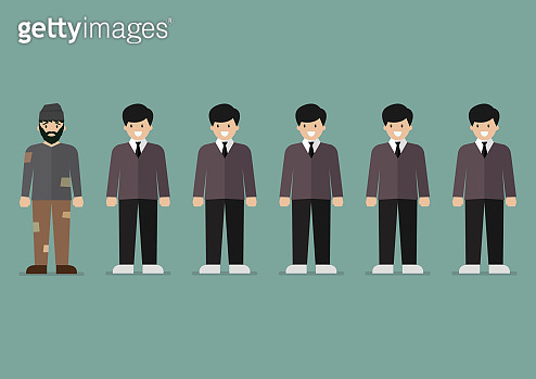 Group of rich men and homeless man character 이미지 (840762548) - 게티이미지뱅크