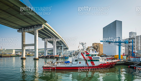 Osaka port modern harbour highways warehouses and ships panorama Japan ...