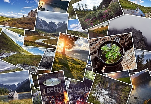 Collage wild nature of Altai. Mountains, valleys, rivers, lakes, snowy ...