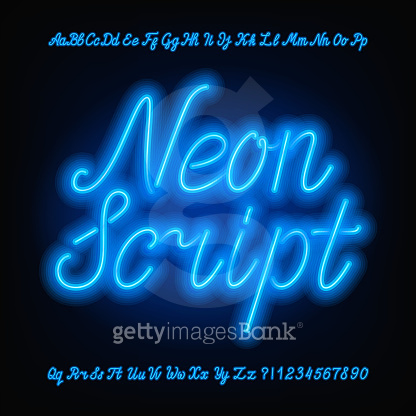 Neon script alphabet font. Blue neon uppercase and lowercase letters ...