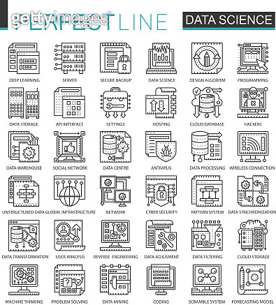 Data science technology outline mini concept symbols. Machine learning process modern stroke ...