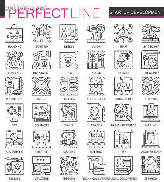 Startup business and development outline mini concept symbols. Modern ...