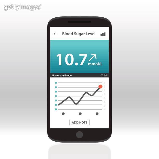 App on phone to check blood sugar levels. Black smartphone. 이미지 ...