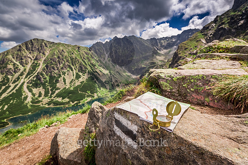 Navigation in Tatra mountains with compass nad map, Poland, Europe 이미지 ...