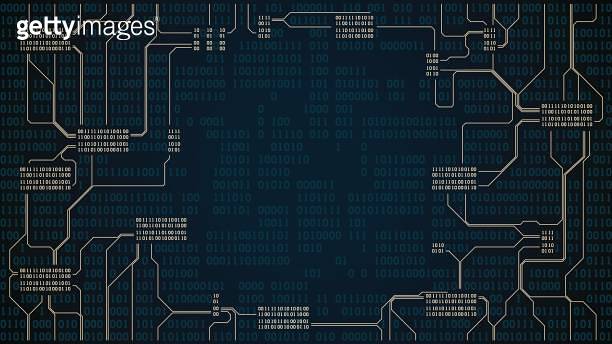 Abstract electronic circuit board with binary code, computer digital technology background ...