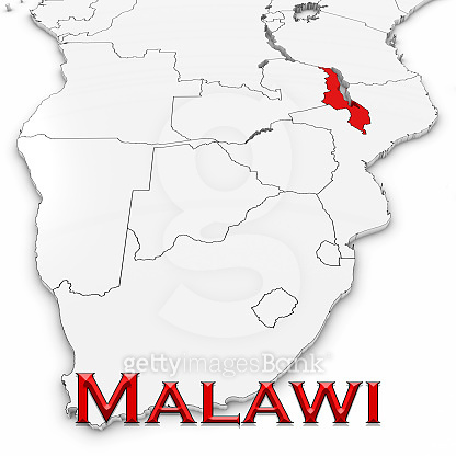 3D Map of Malawi with Country Name Highlighted Red on White Background ...