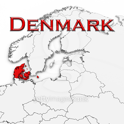 3D Map of Denmark with Country Name Highlighted Red on White Background ...