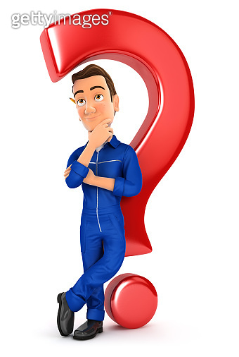 3d mechanic leaning back against question mark 이미지 (876600822) - 게티이미지뱅크