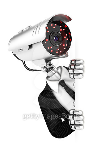 3d security agent with camera head peeping over blank wall 이미지 ...