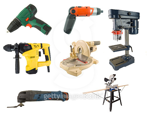 Collection of Carpenter's electrical hand tools set isolated on a white ...
