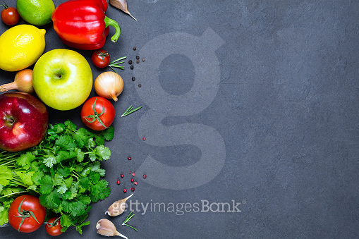 Fresh food background with vegetables, fruits, greens and spices 이미지 ...