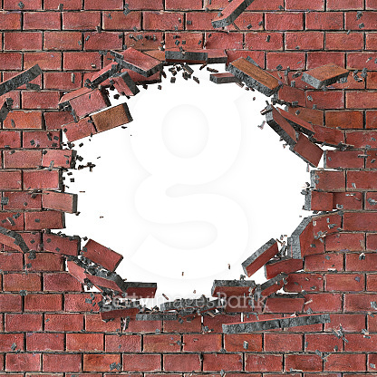3d render, 3d illustration, explosion, cracked red brick wall, bullet ...