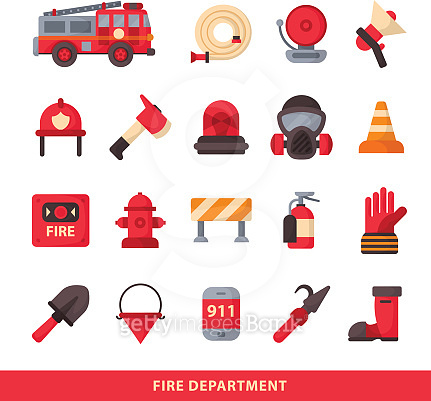 Set of designed firefighter elements coloured fire department emergency ...