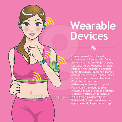 running woman in the park and wearable devices, cartoon illustration ...