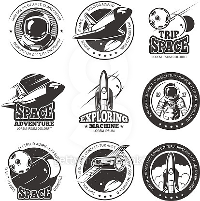 Vintage space, astronautics, shuttle flight vector labels, logos ...