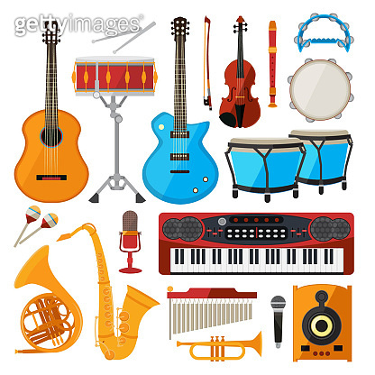 Bongo, drums, guitar and other musical instruments. Vector ...