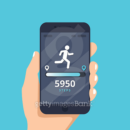 Fitness tracking app on mobile phone screen vector illustration flat cartoon style, smartphone ...