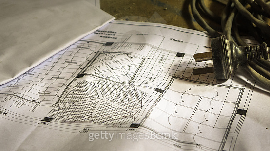 close-up of switch layout plan and electric plug (669930086) - 게티이미지뱅크