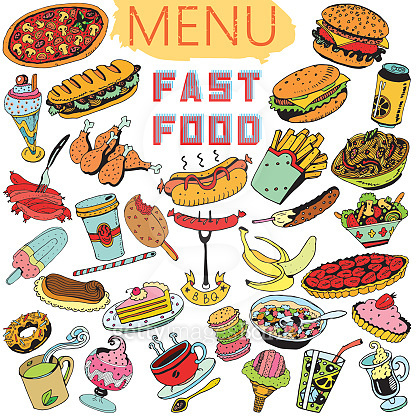 Hand Drawn Fast Food Backgrounds. Menu with texture and text. 이미지 ...