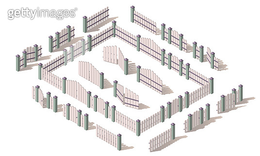 Isometric wood light fence with shadows isolated. Iron gate open and ...